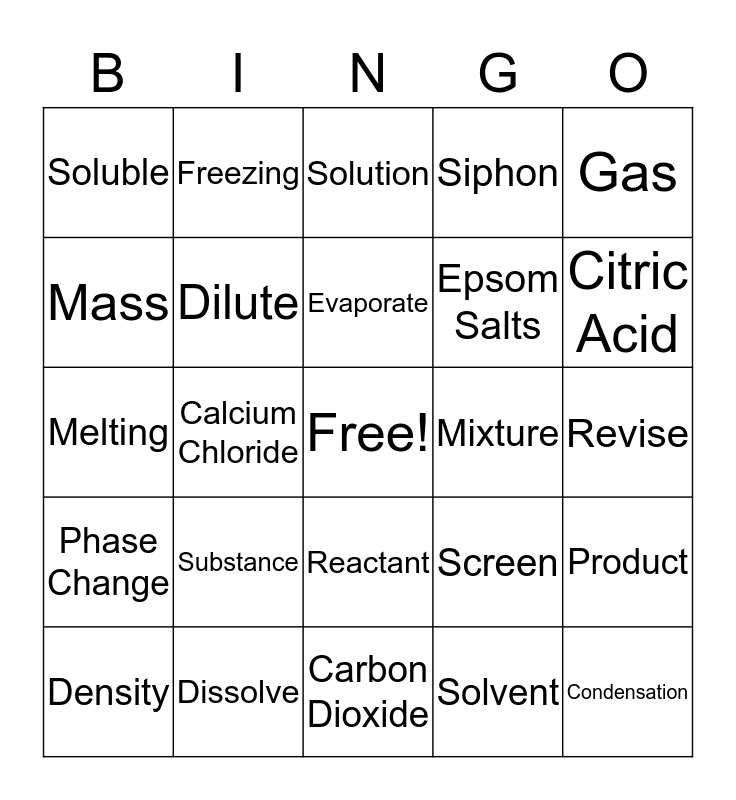 Mixtures & Solutions Bingo Card