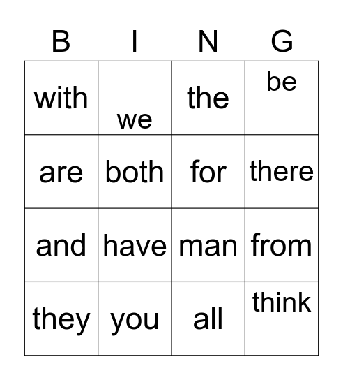 Sight Word Bingo Card