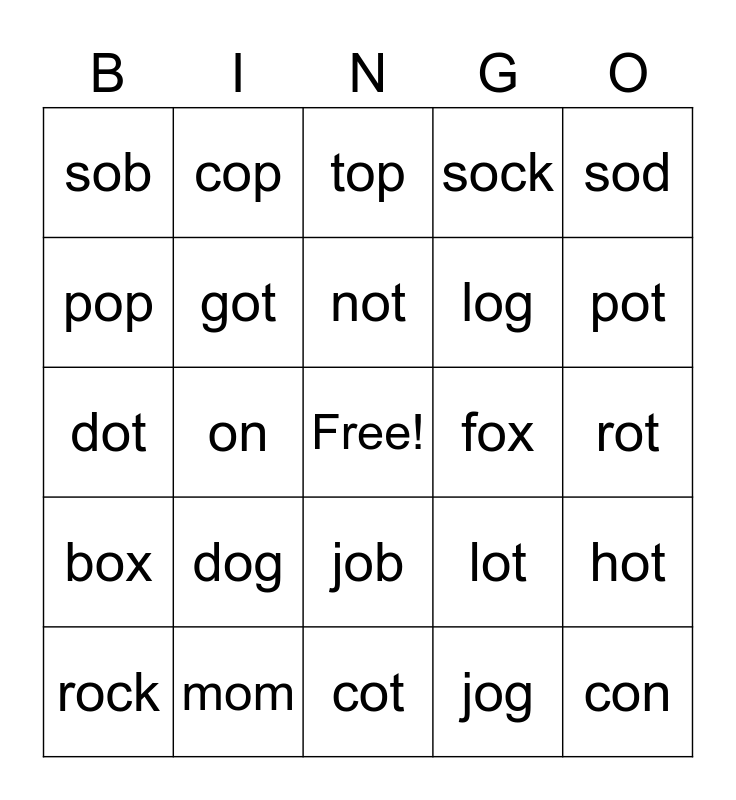 Short Vowel o CVC Words Bingo Card