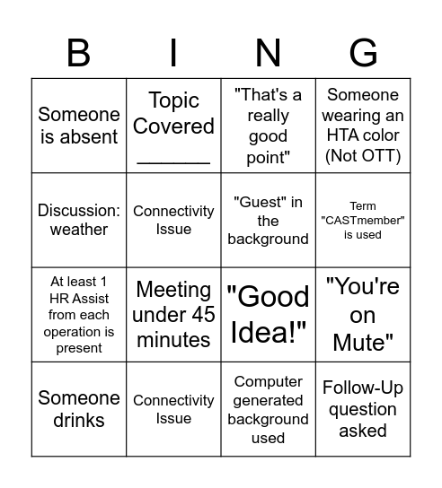HR Meeting Bingo Card