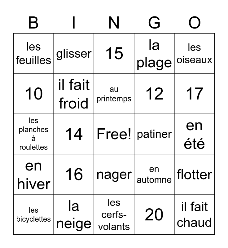 Bingo français Bingo Card