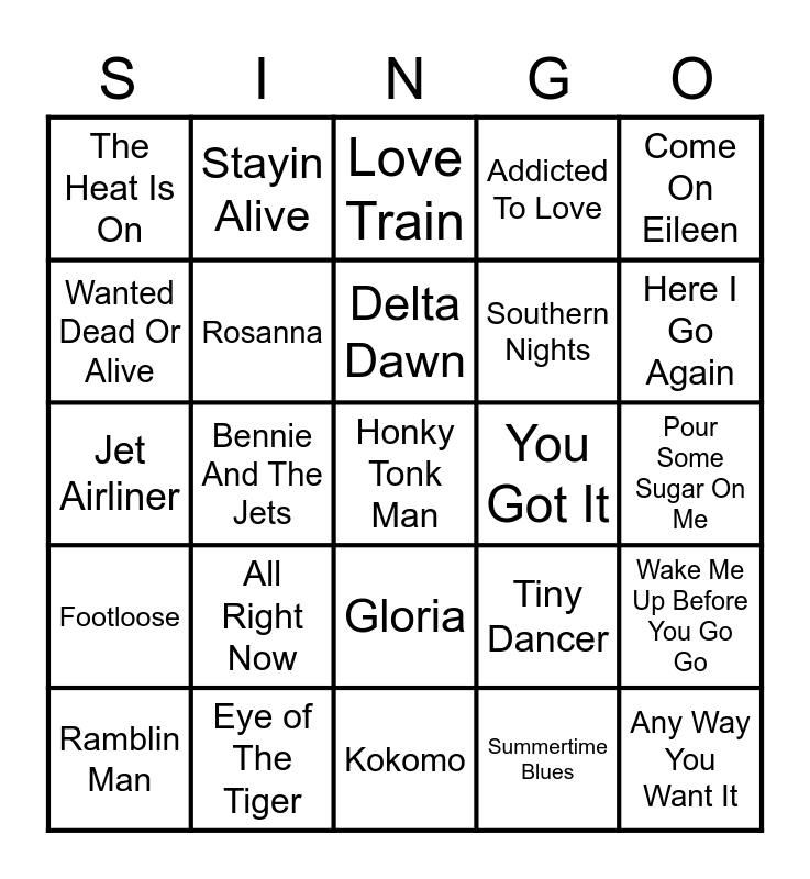 70's & 80's Bingo Card