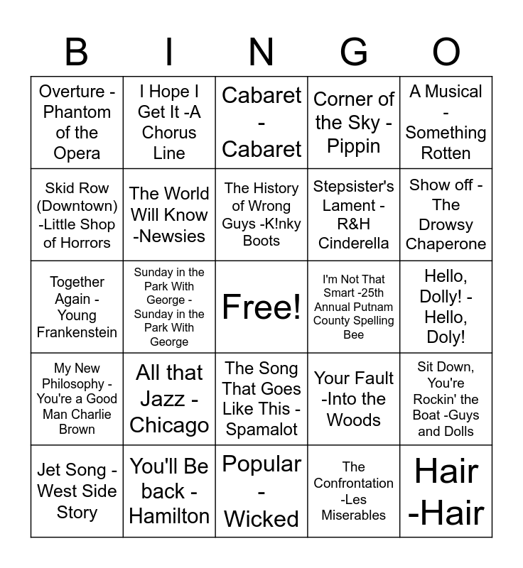 Broadway Bingo Card