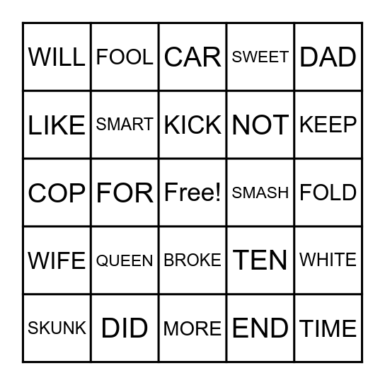 Keywords Bingo Card