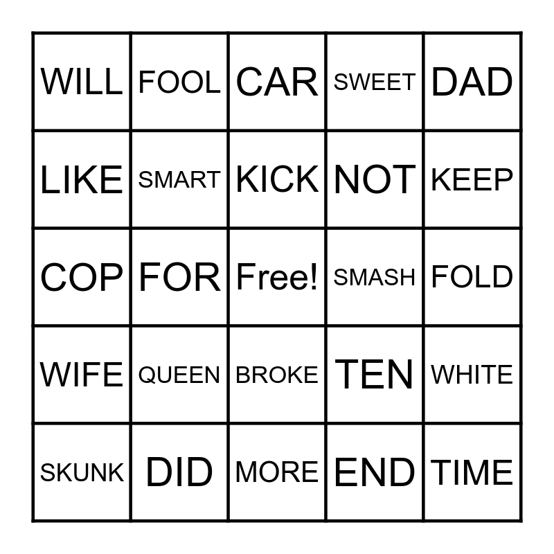 Keywords Bingo Card