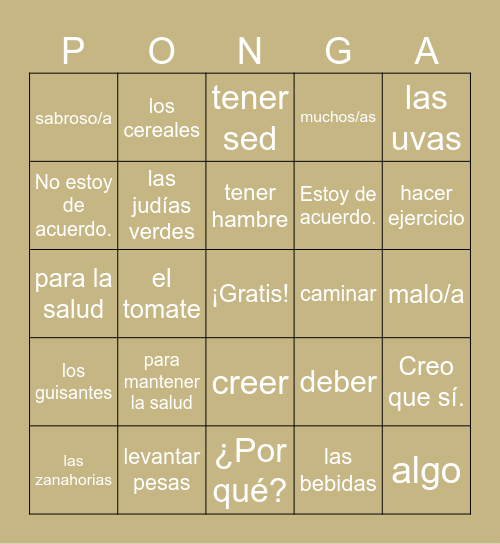 Para mantener la salud: vocabulario Bingo Card