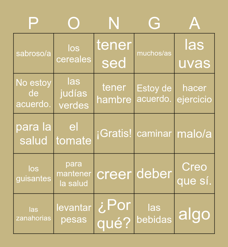 Para mantener la salud: vocabulario Bingo Card
