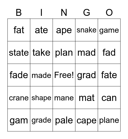 Long Or Short a Bingo Card long-or-short-a-bingo-card