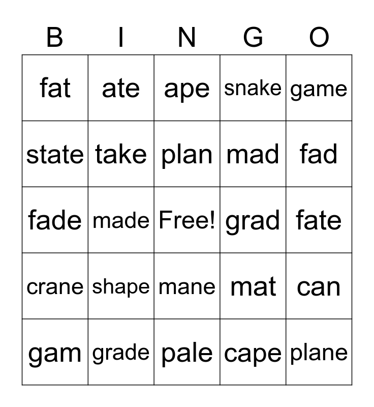 Long or short 'a' Bingo Card