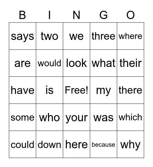 Tricky Word Bingo Card