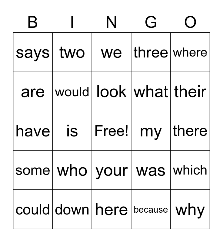 Tricky Word Bingo Card