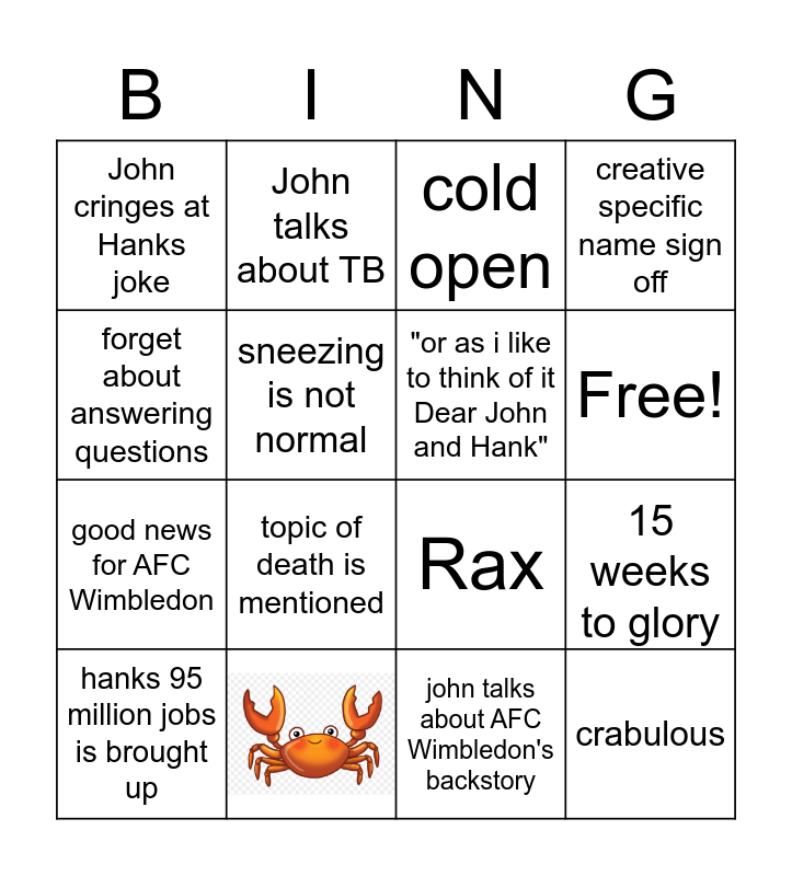 Dear Hank and John Bingo Card