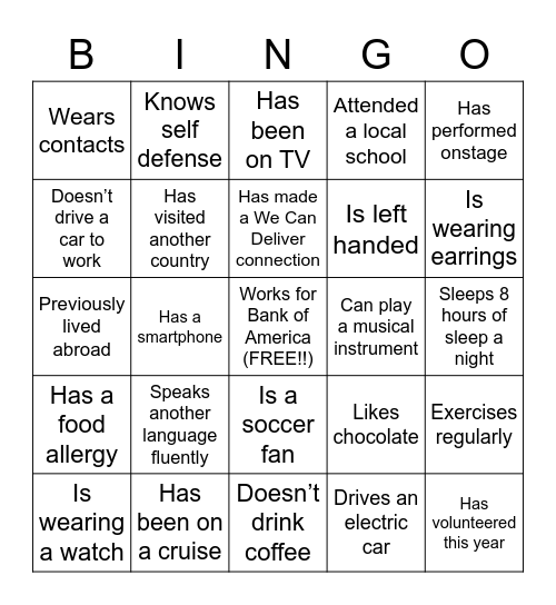 Find A Teammate Bingo: Have you met someone who…?Untitled Bingo Card