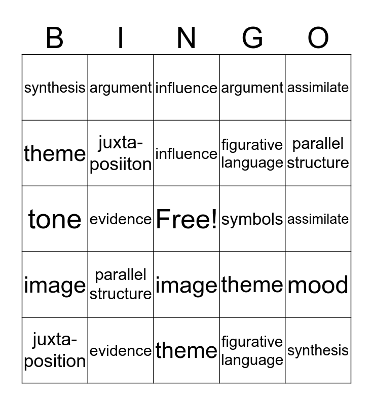 Springboard Vocabulary Unit I Bingo Card