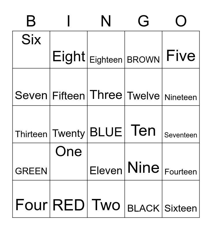 Numbers 1-20 Bingo Card