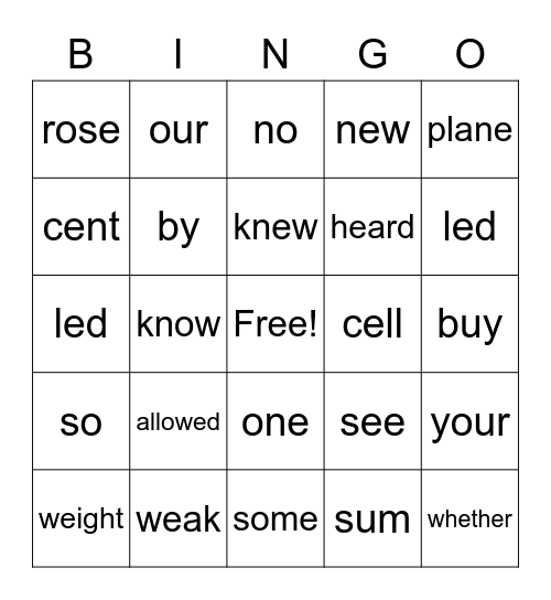 Homophones Bingo Card
