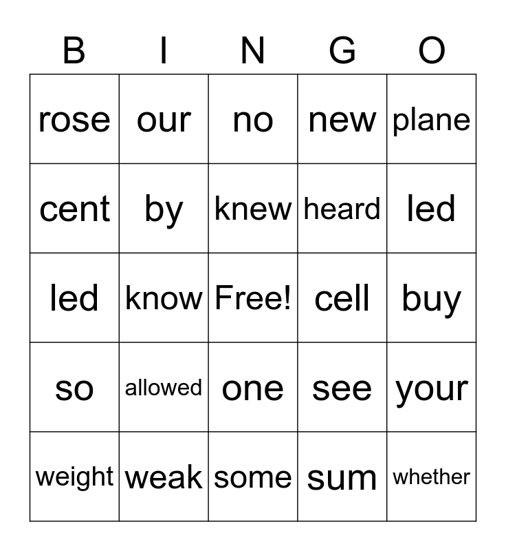 Homophones Bingo Card