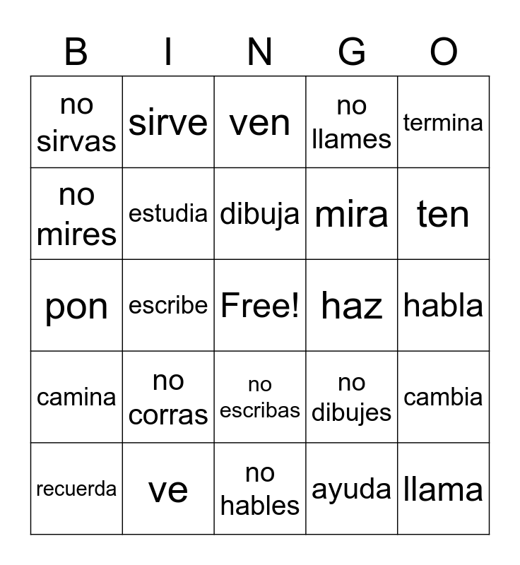 Commands Bingo Card