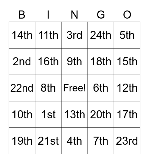 Ordinal Numbers Bingo Card