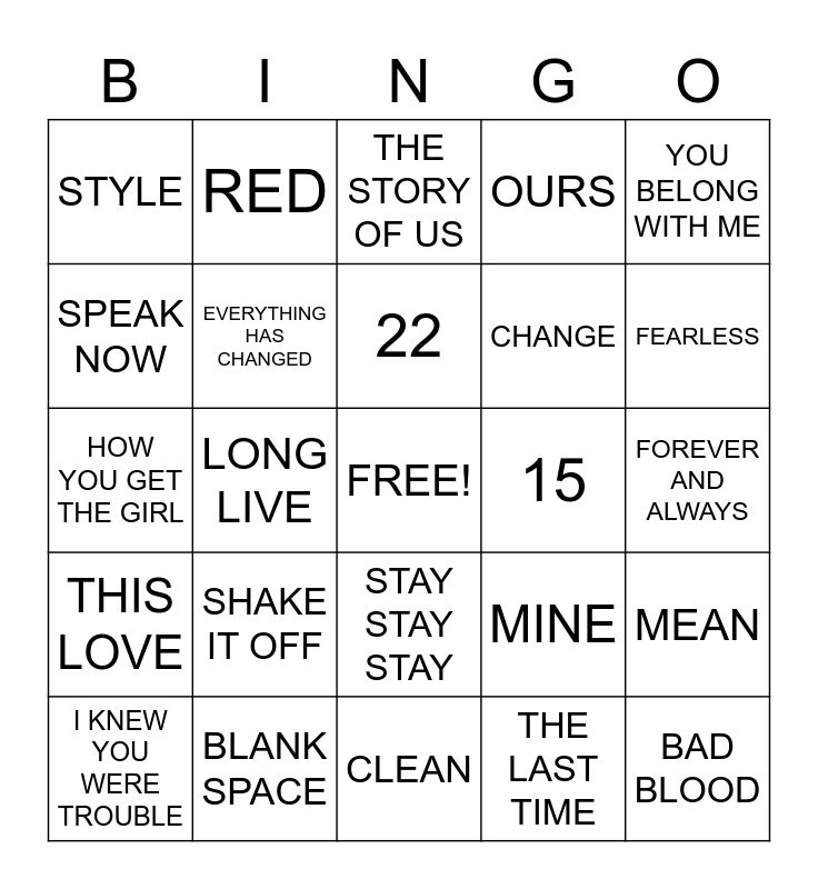 TAYLOR SWIFT SONGS Bingo Card