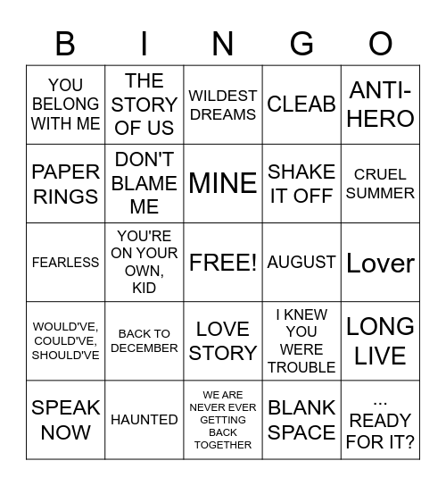 TAYLOR SWIFT SONGS Bingo Card