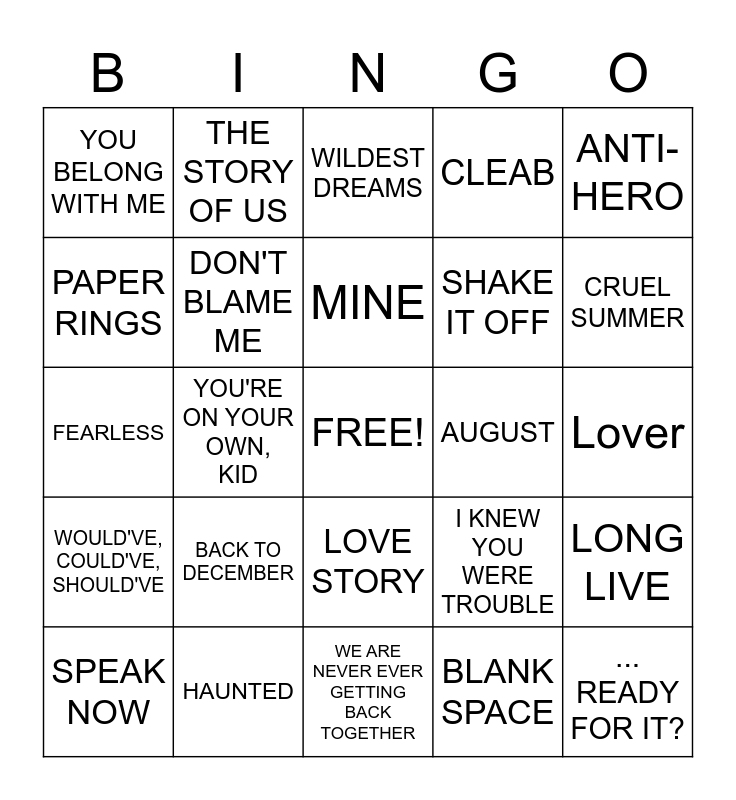 TAYLOR SWIFT SONGS Bingo Card