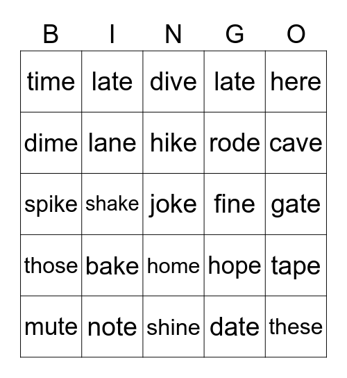 Silent e Bingo Card