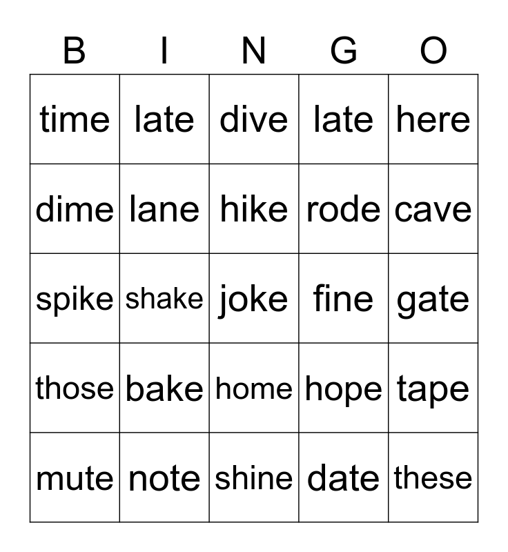 Silent e Bingo Card