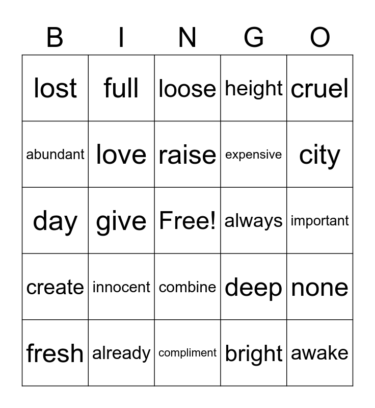Antonyms Bingo Card
