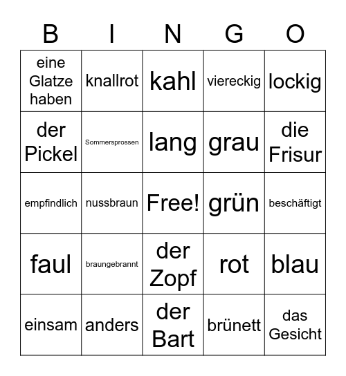 Deutsch 2--About Me/Descriptions Unit Bingo Card