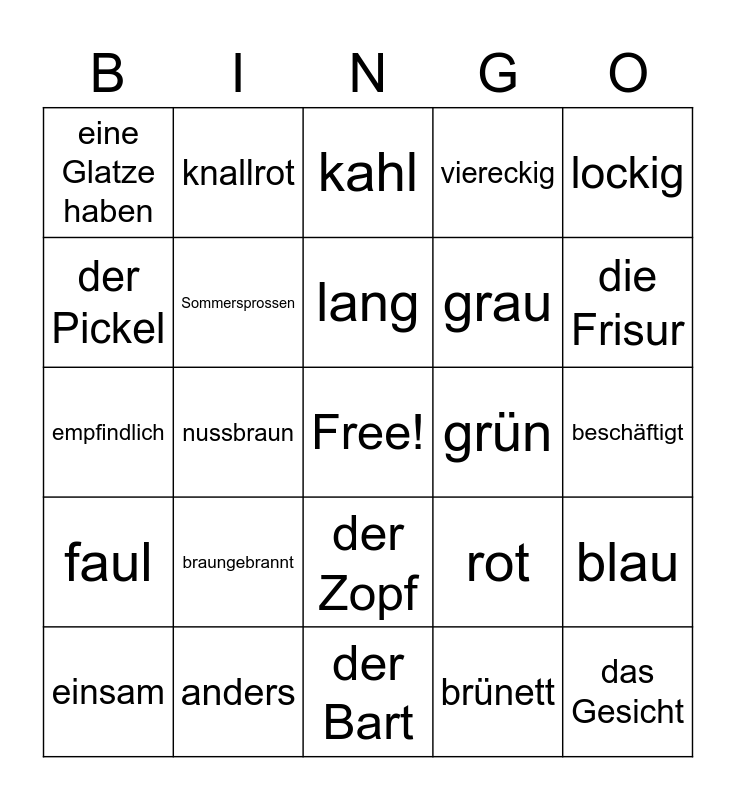 Deutsch 2--About Me/Descriptions Unit Bingo Card
