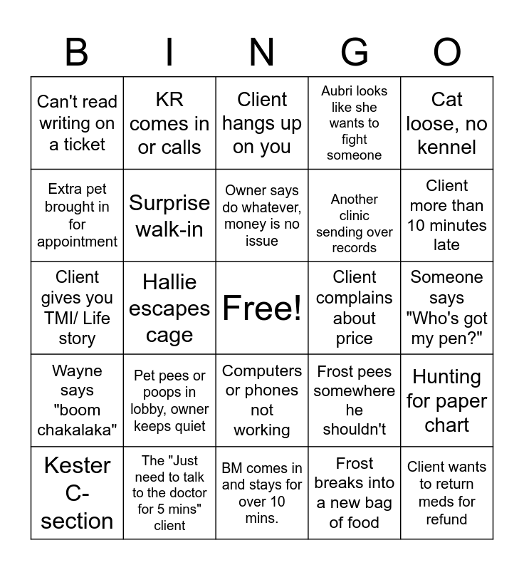 Vet Receptionist Bingo Card