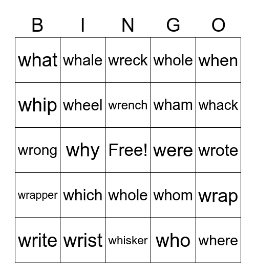 W Words Bingo Card