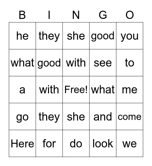 Sight Word Bingo Card