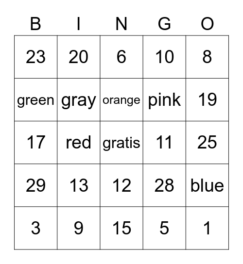 Números y Colores Bingo Card