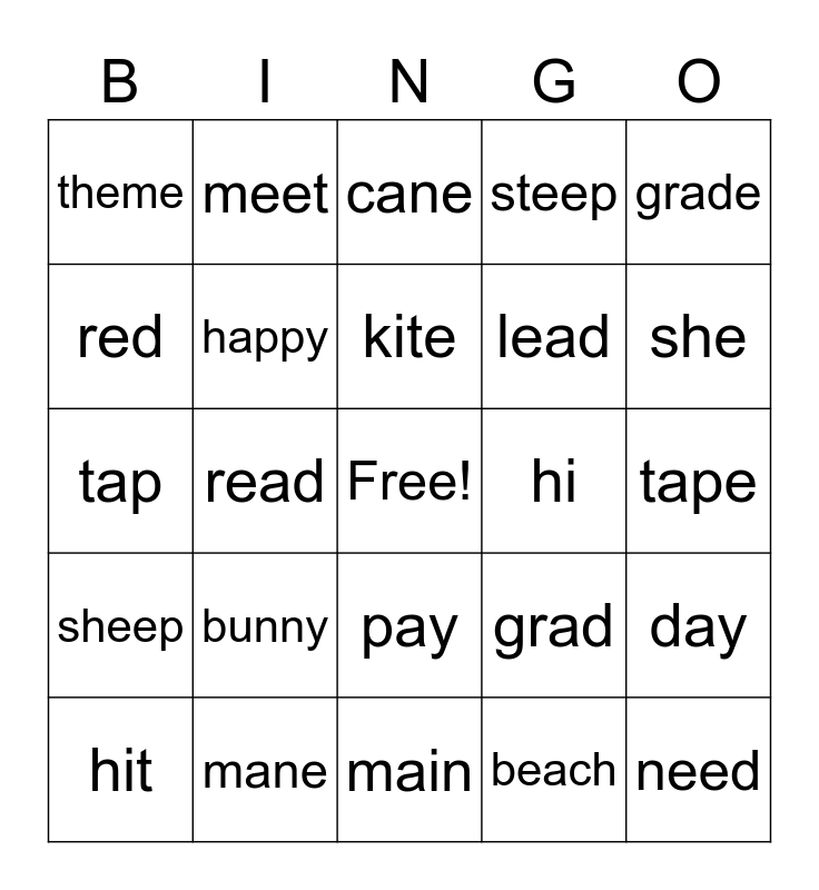 Long Vowel Bingo (a,e,i) Bingo Card