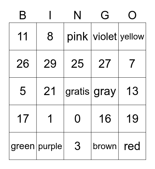 Números y Colores Bingo Card