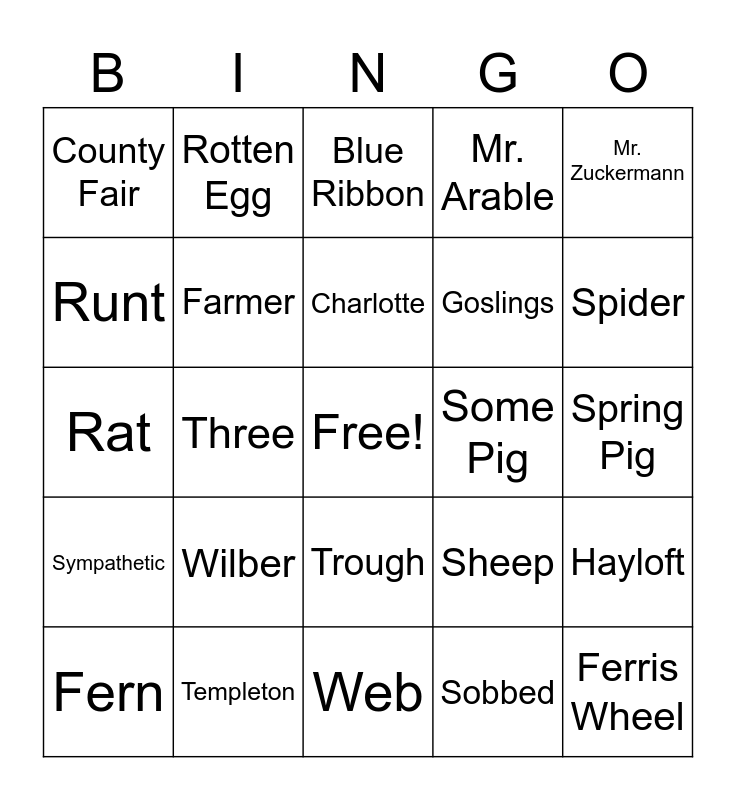 Charlotte's Web Bingo Card