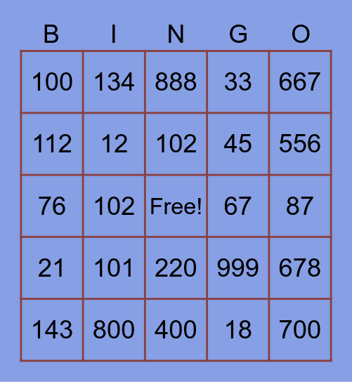 Getallen (0-1000) Bingo Card