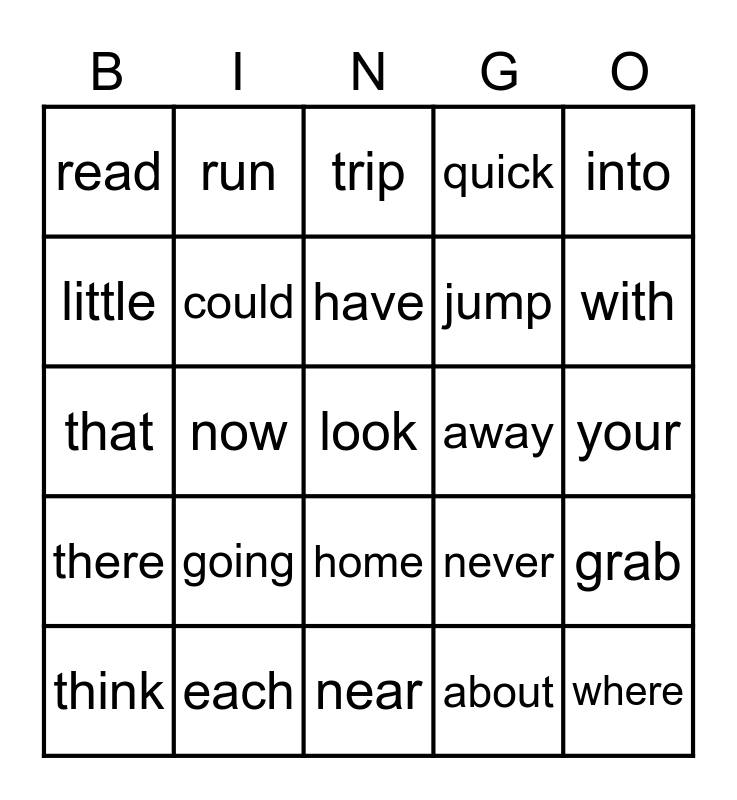 Snap Word Bingo Card
