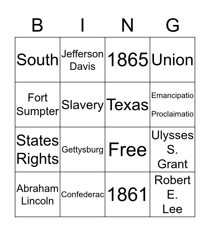 Civil War Bingo Card