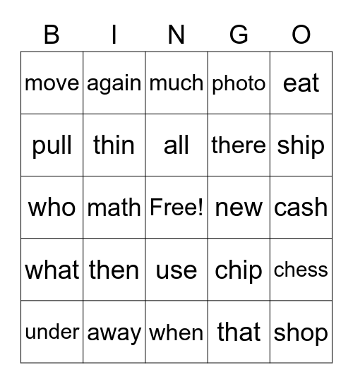 sight words and digraphs Bingo Card