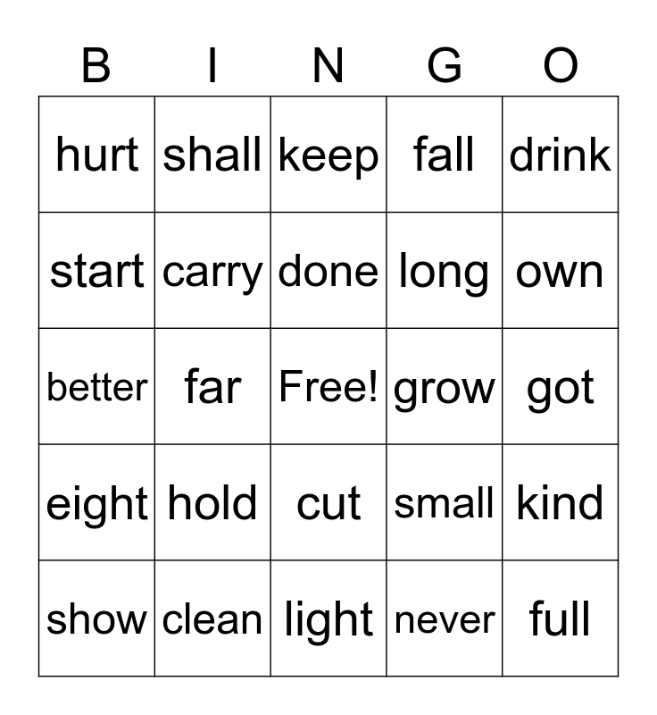 Dolch Sight Word Bingo 3 Bingo Card