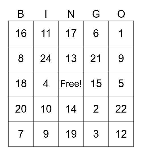 Kindergarten Numbers Bingo Card