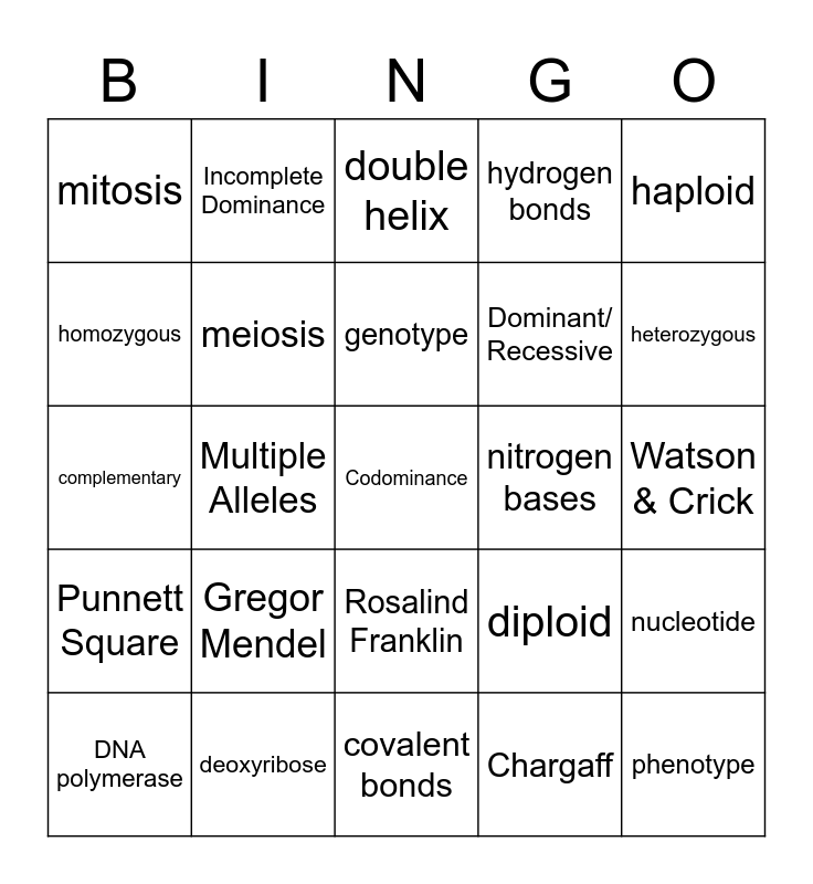 Genetics and DNA Bingo Card