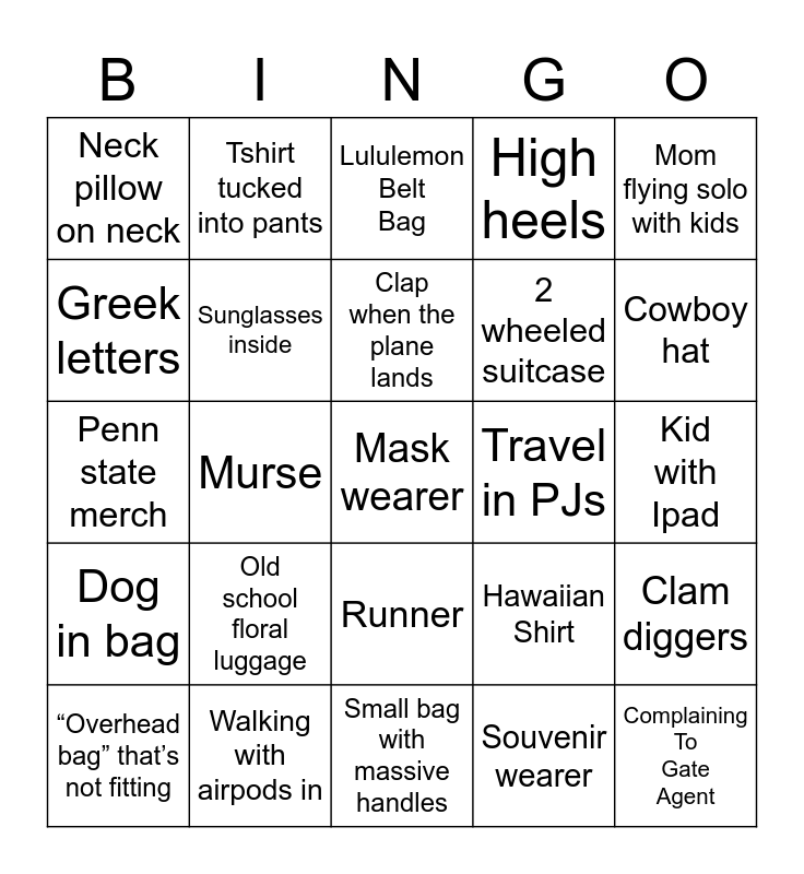 Airport Bingo Card