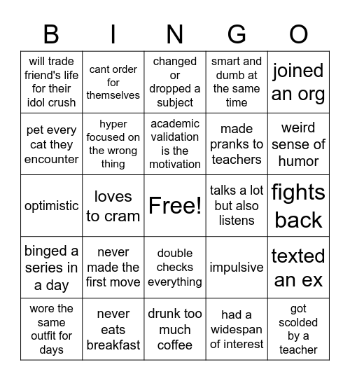 Student Life Bingo Card