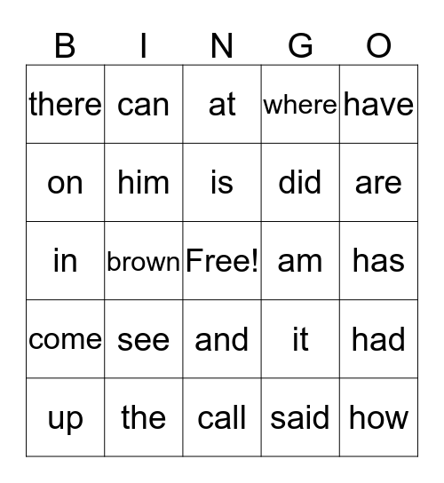 First Grade Word BINGO Card