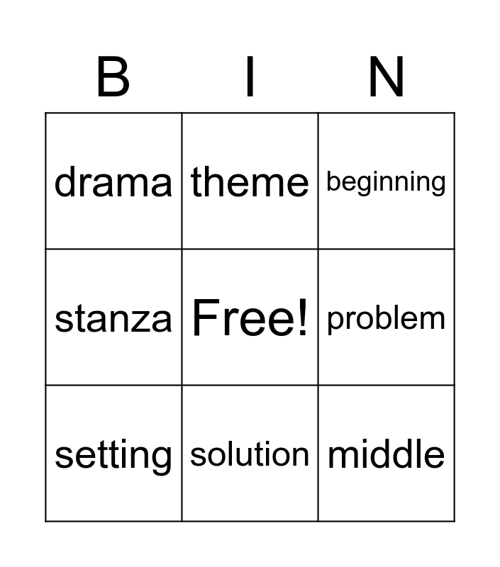 A Story Elements Bingo Card