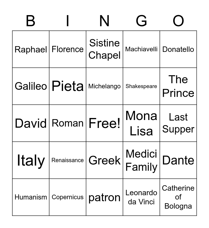 Renaissance Bingo Card
